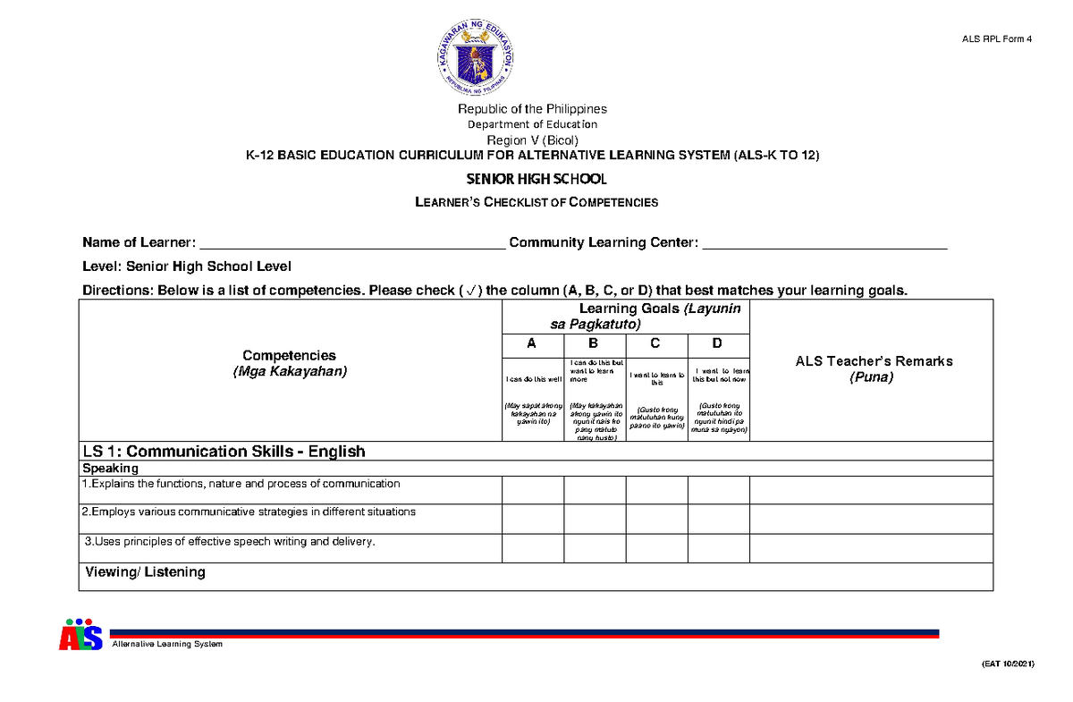 RPL Form 4 SHS Learner's Checklist of Competencies for ALS - Studocu