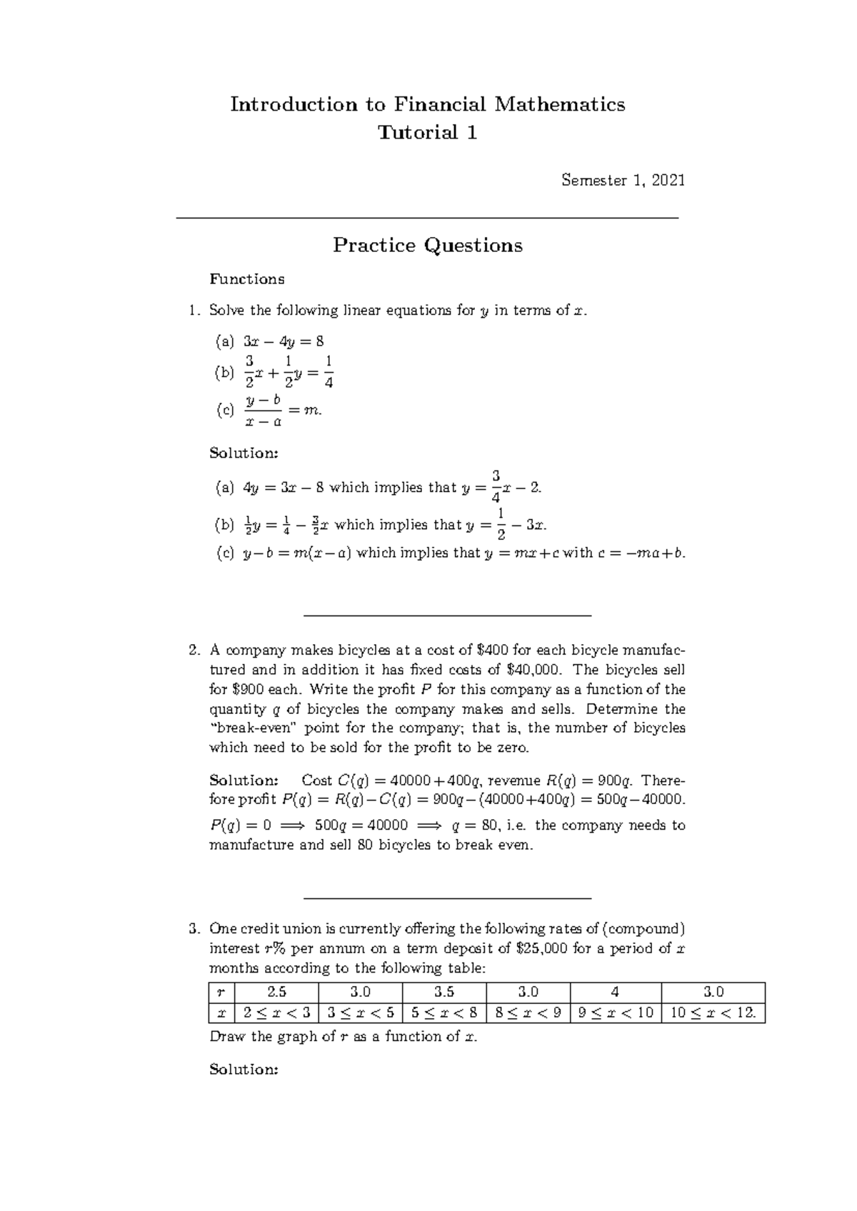 Introduction to Financial Mathematics Tutorial 1 Semester 1, 2021 ...