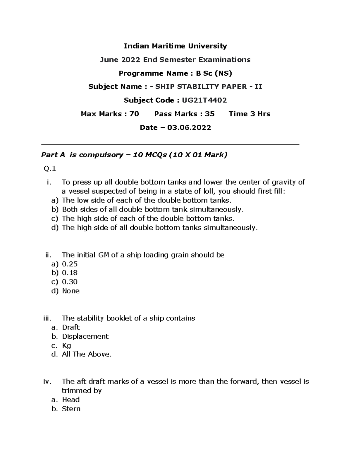 B Sc (NS) Ship Stability Exam Questions - UG21T4402 & UG21T5302 - Studocu