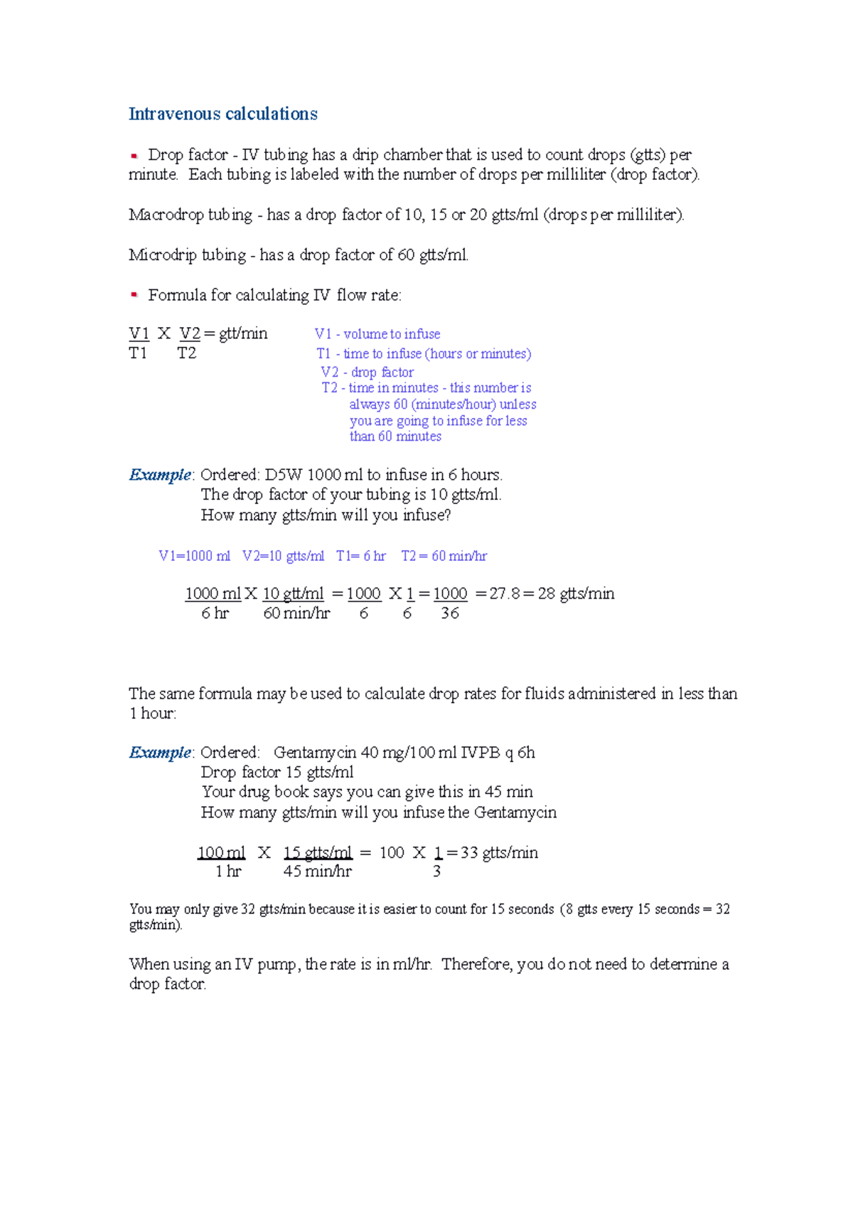 74734170 - Notes for exam 1 - Intravenous calculations Drop factor - IV ...