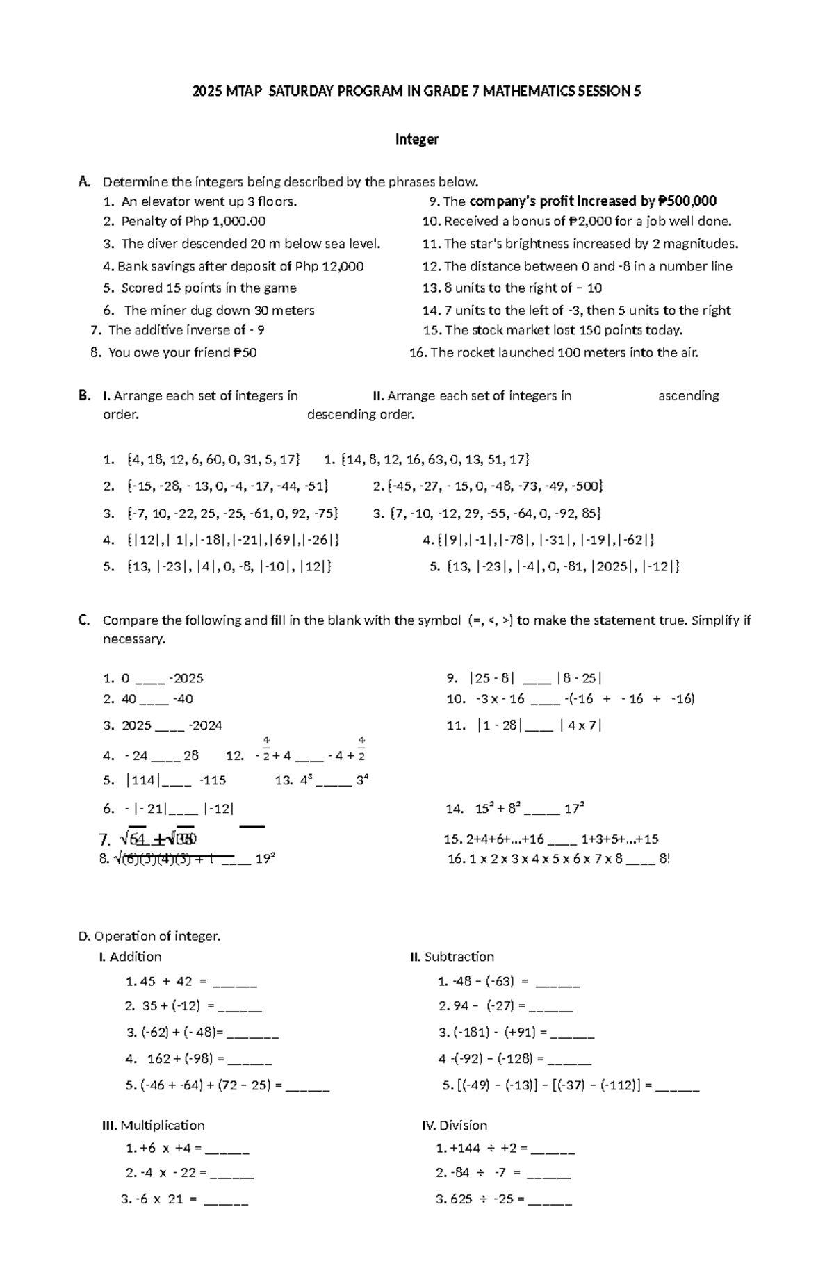 MTAP 2025 Grade 7 Mathematics Session 5 Review Notes - Studocu