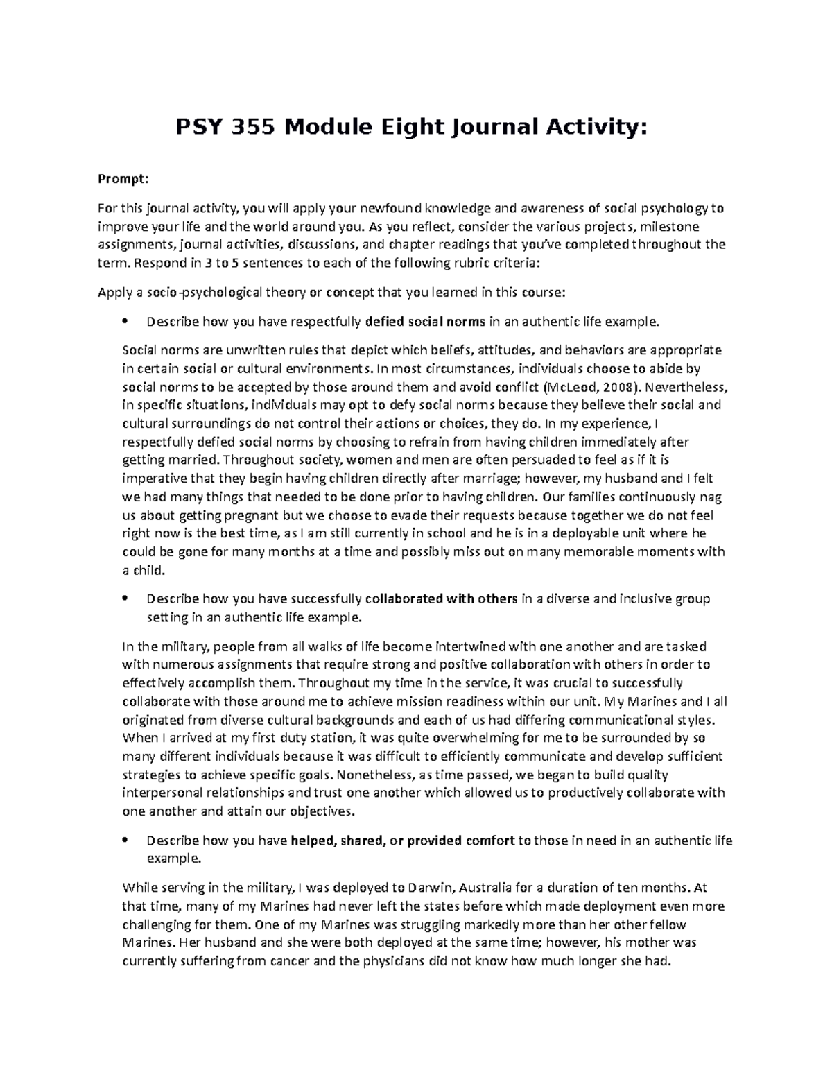 PSY 355 Module 8 Journal: Reflections on Social Psychology Applications ...