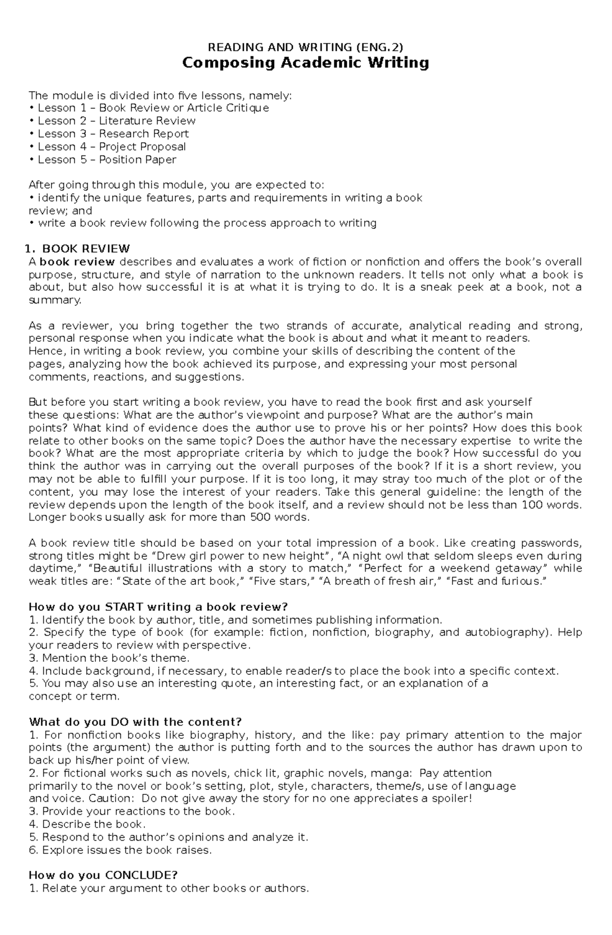 ENG Reading & Writing: Composing Academic Writing Lessons - Studocu