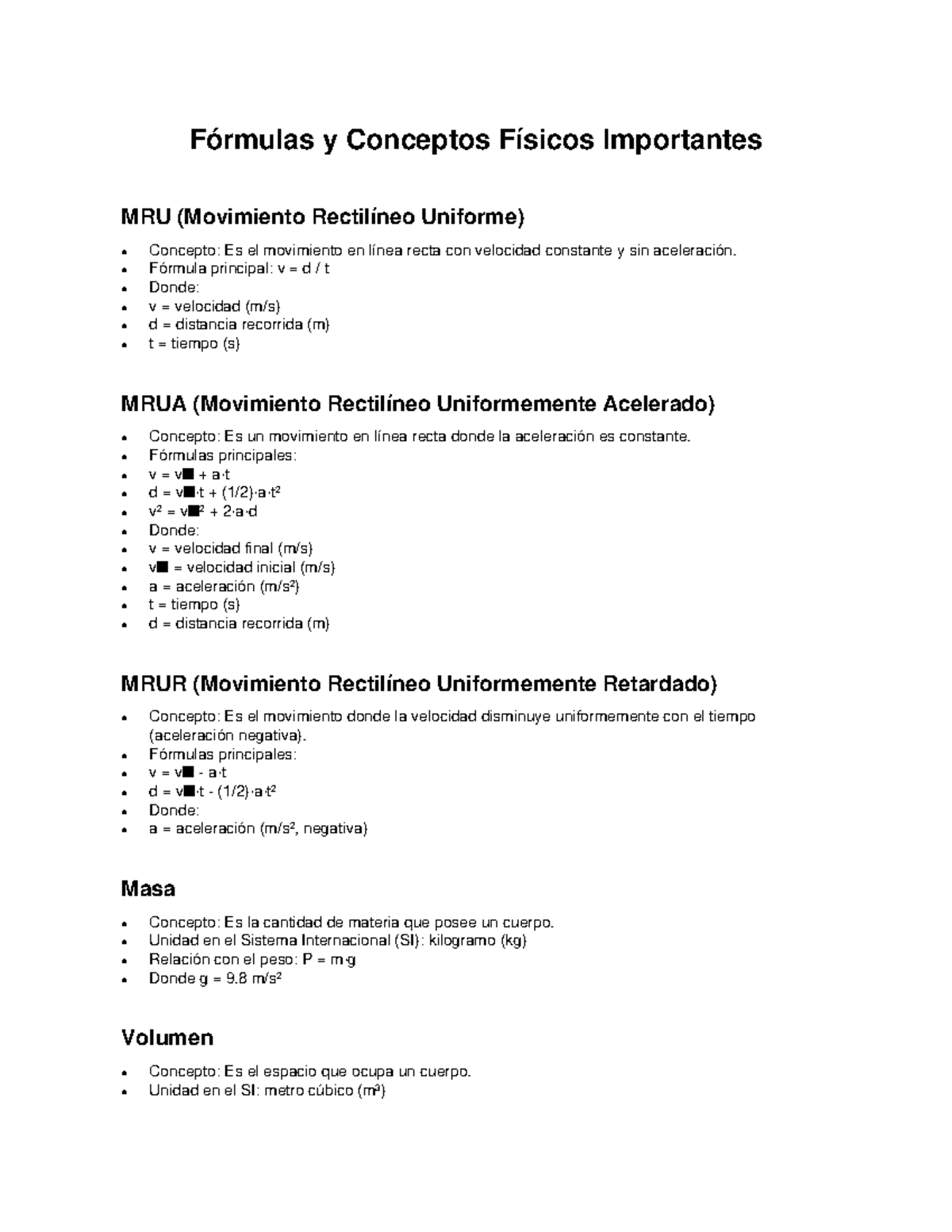 Fórmulas y Conceptos Físicos Importantes - MRU, MRUA, MRUR - Studocu