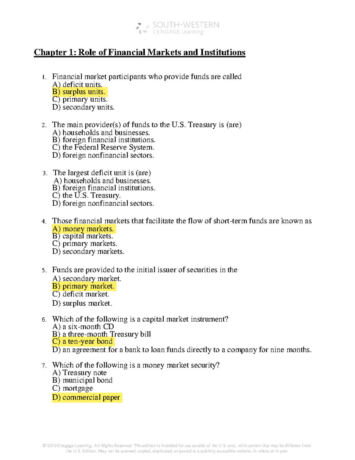 Chapter 1: Role of Financial Markets & Institutions - Quiz Questions ...