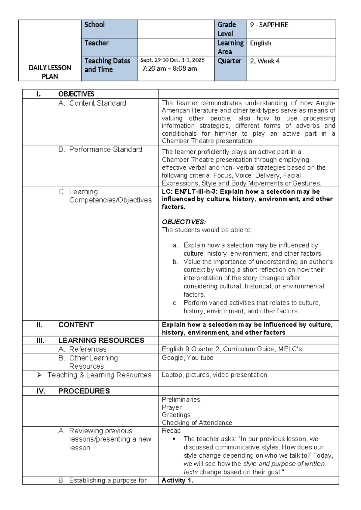 ENG 9: Daily Lesson Plan on Cultural, Historical, and Environmental ...
