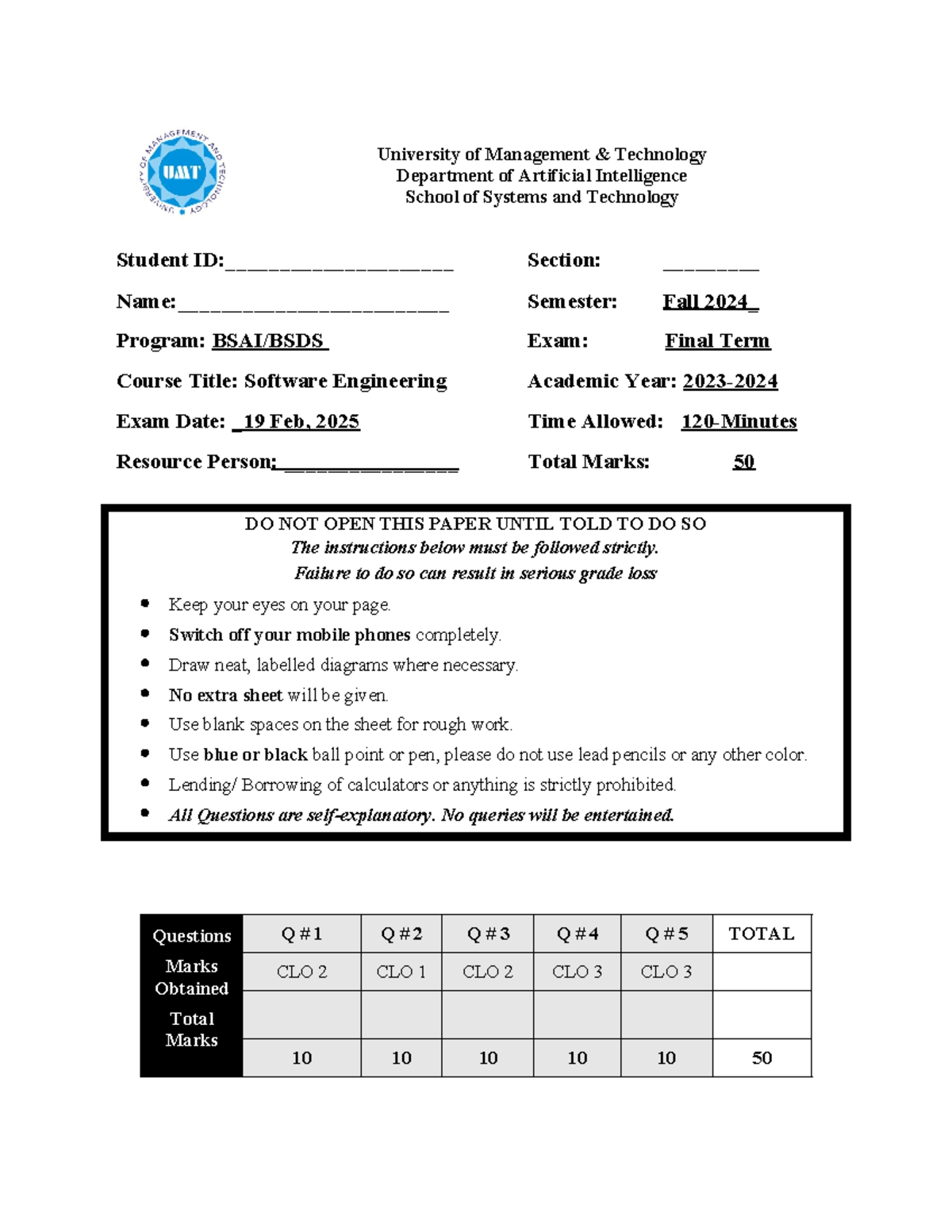 Final-Term Exam: Software Engineering (SE) - Fall 2024 - Studocu