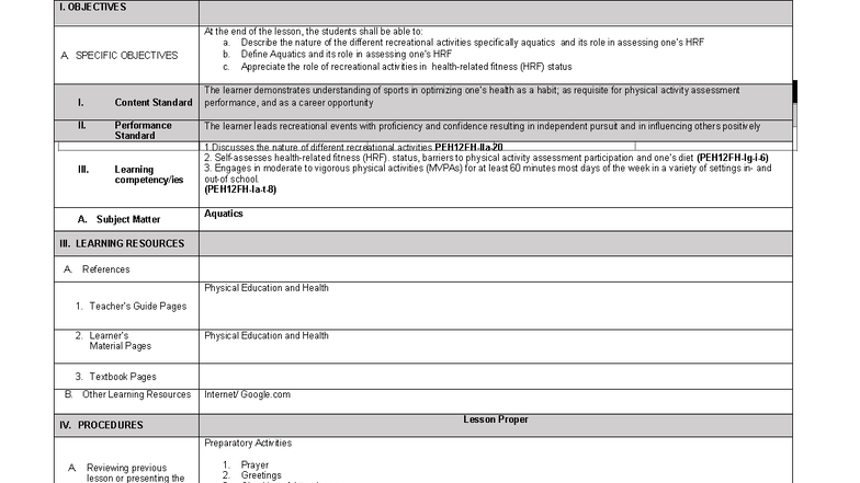 PEH 12 Lesson Plan: Recreational Activities & HRF Assessment - Studocu
