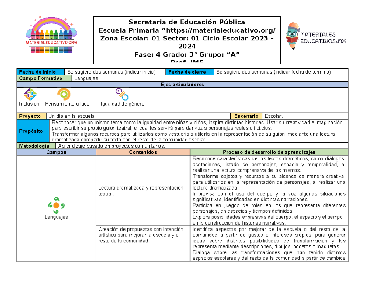 Planeación 3er Grado Proyecto: Un Día En La Escuela y la Igualdad - Studocu