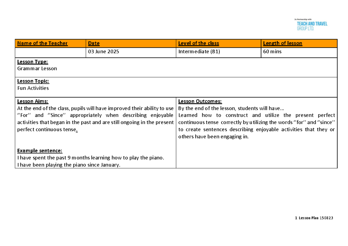 Intermediate B1 Grammar Lesson Plan: Present Perfect Continuous ...