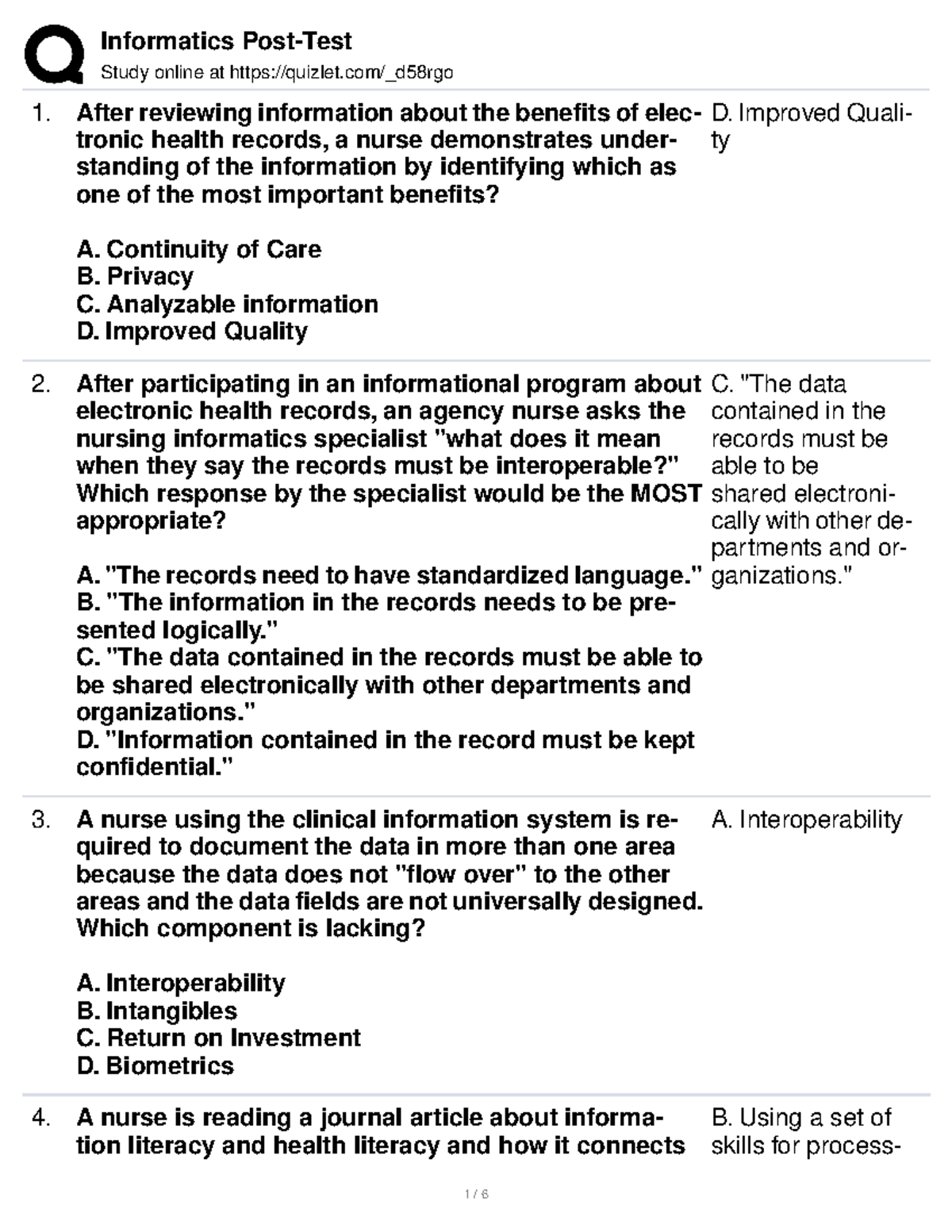 Informatics Post Test Review for Nursing Professionals - Studocu