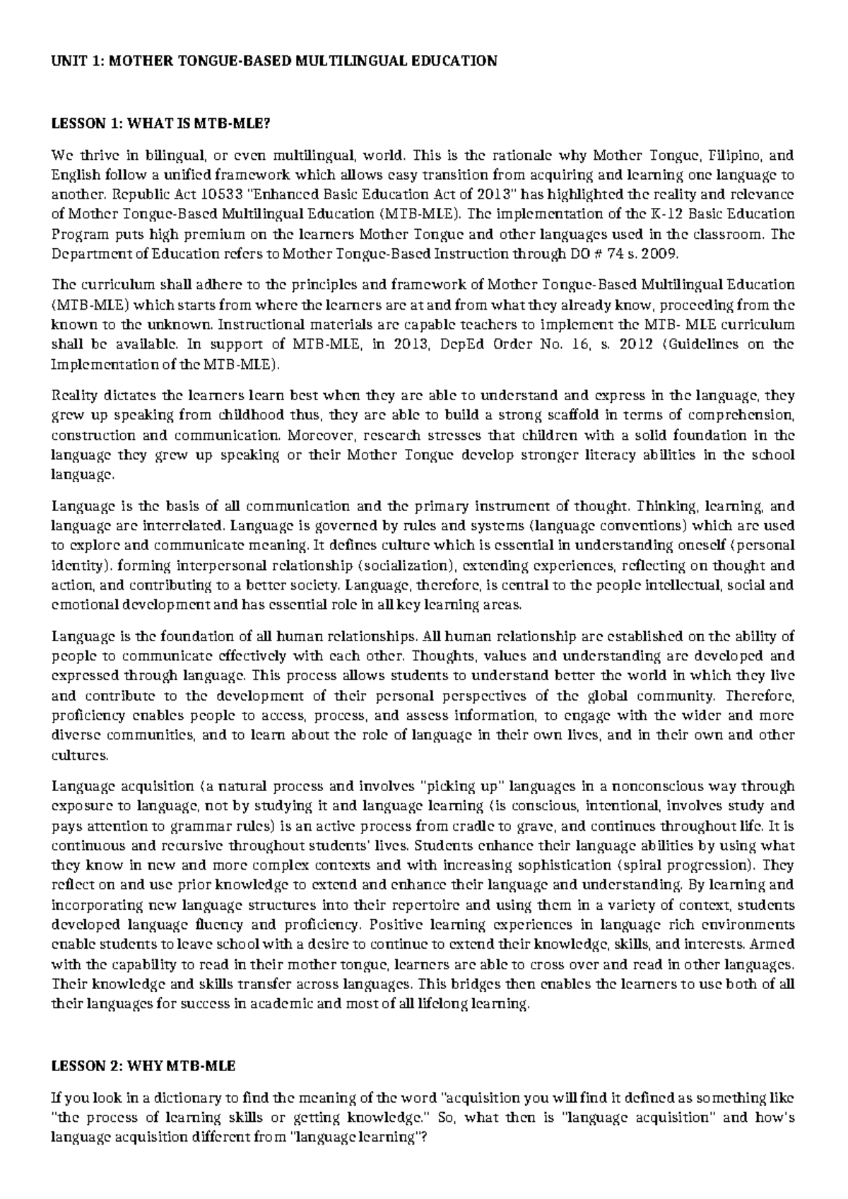 MTB-MLE - Lecture Notes on Mother Tongue-Based Multilingual Education ...