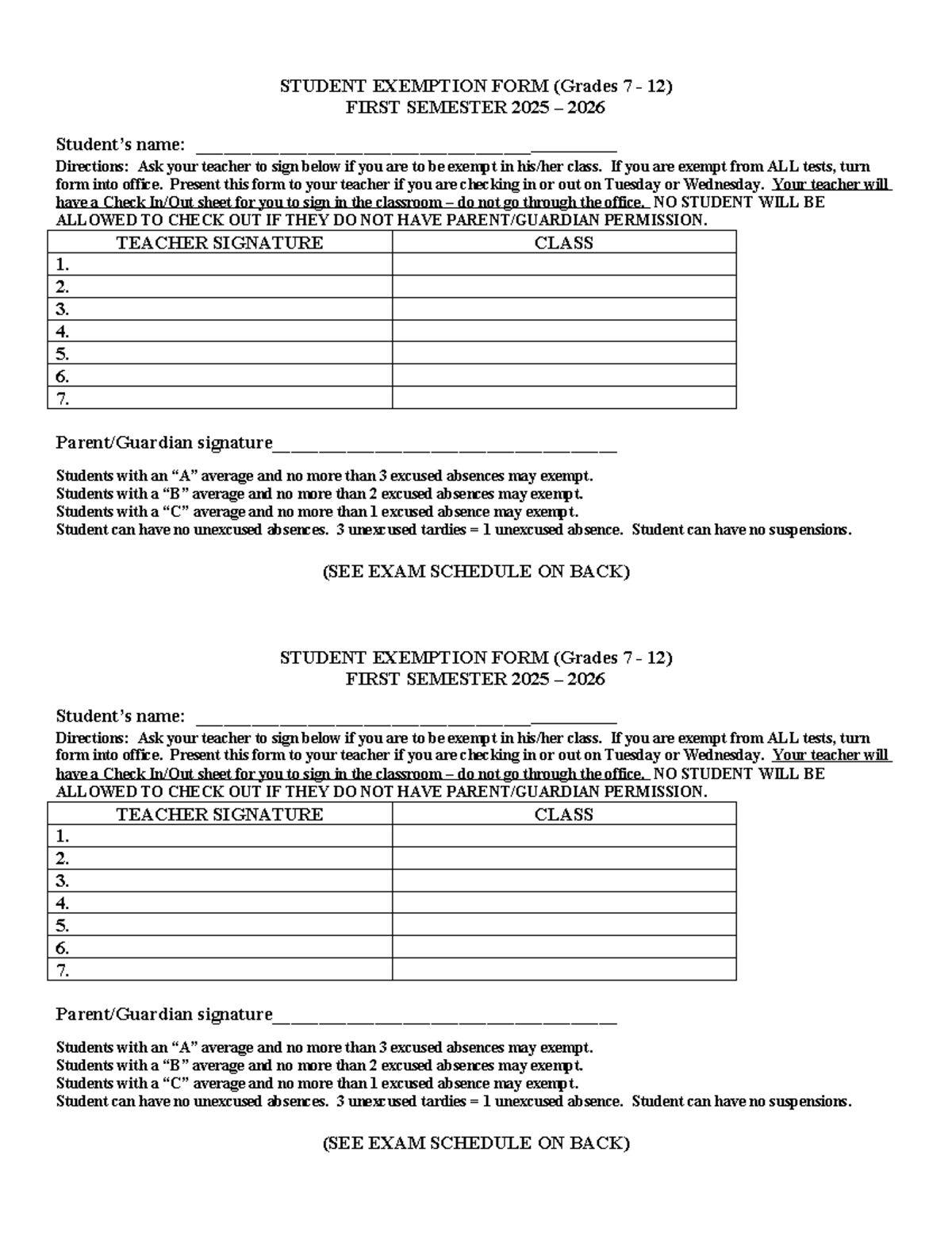 Exemption Form Grades 7-12 Midterm 2025-2026 - Studocu