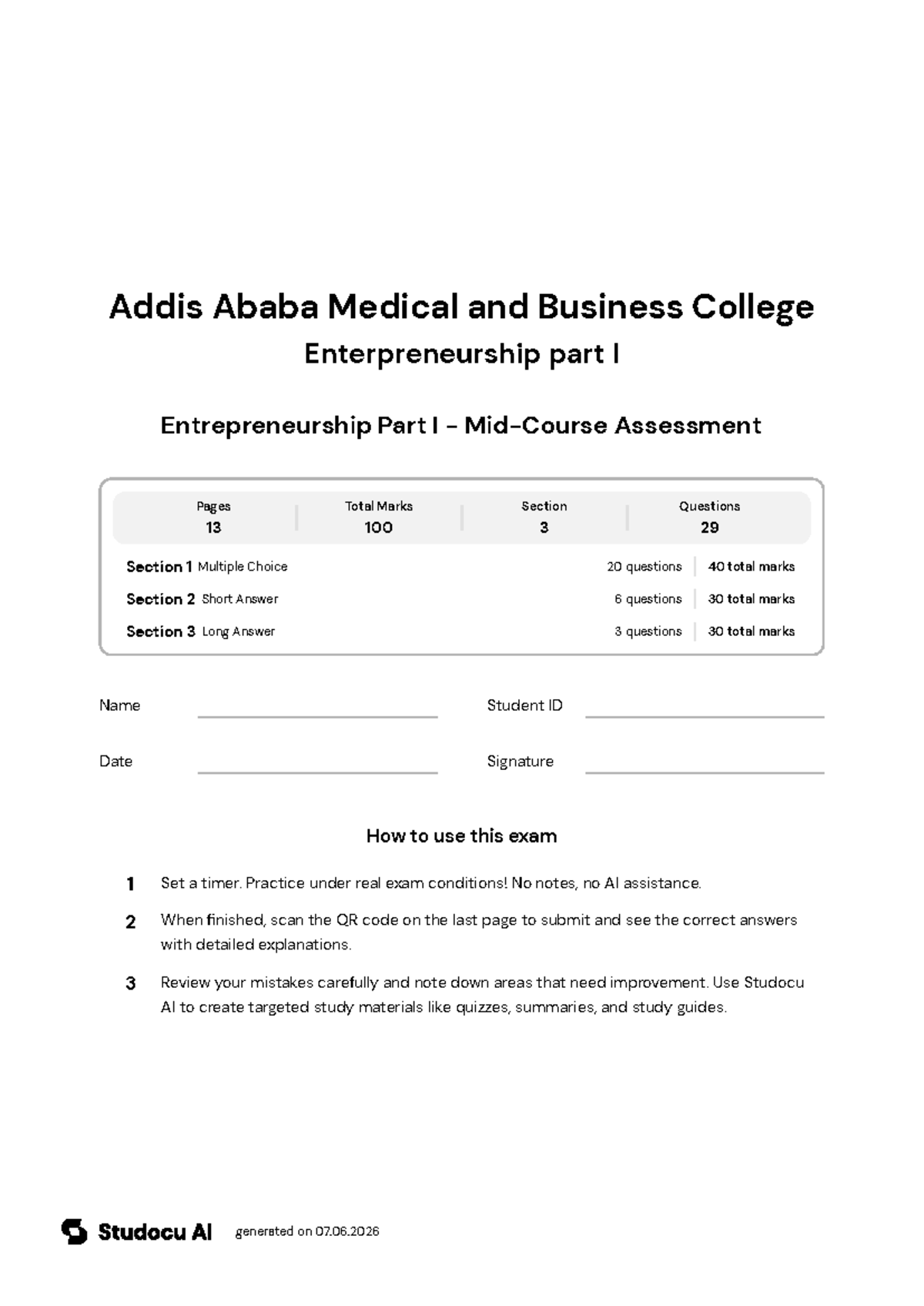 Entrepreneurship Part I - Mid-Course Assessment - Studocu