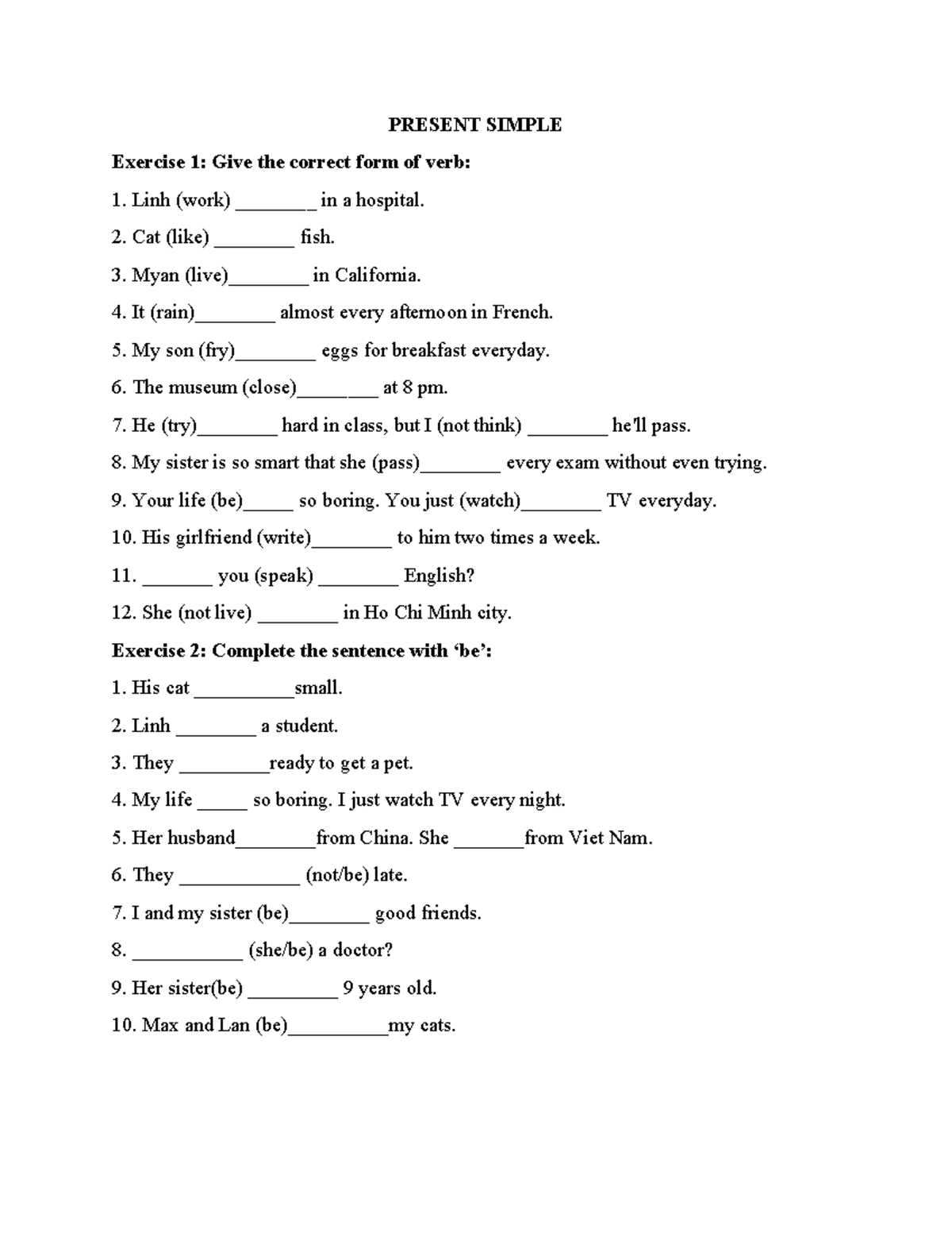 Present Simple Exercises 1 & 2 - English Grammar Practice - Studocu
