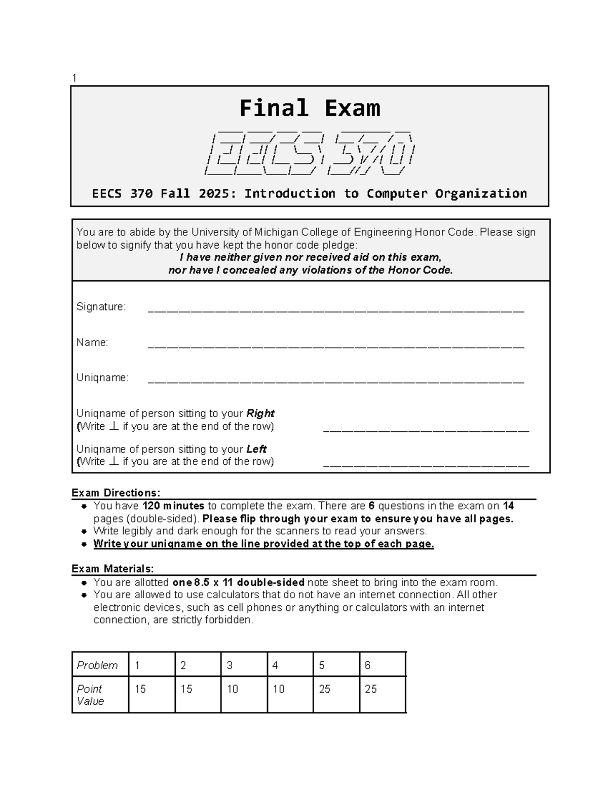 F25 Final Exam - EECS 370: Intro to Computer Organization - Studocu