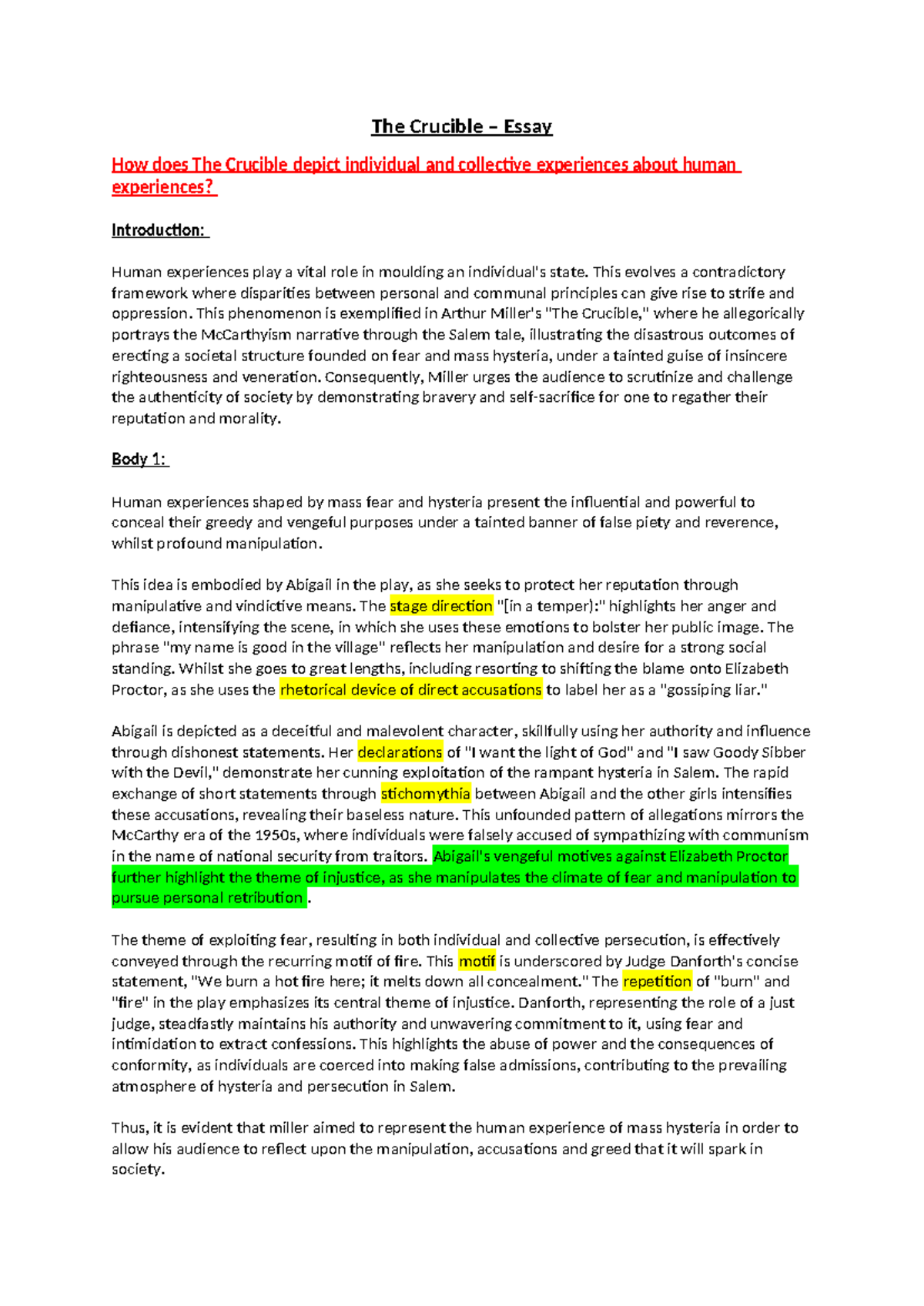 The Crucible - Final Essay Analysis on Human Experiences and Hysteria ...