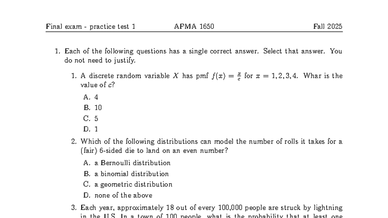 Final Exam Practice Test 1 APMA 1650 Fall 2025 - Studocu
