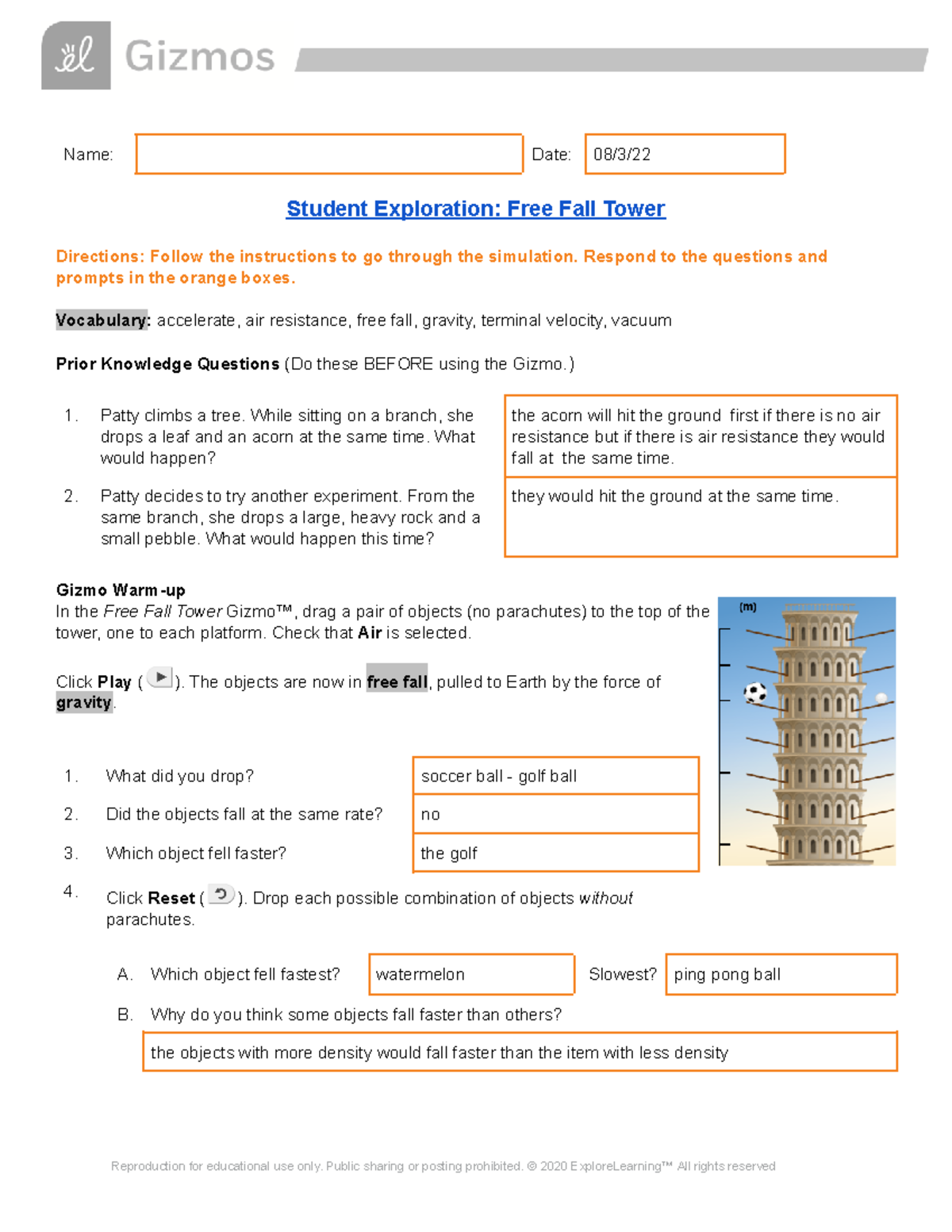 Student Exploration: Free Fall Tower SE - Physics Lab Activities - Studocu