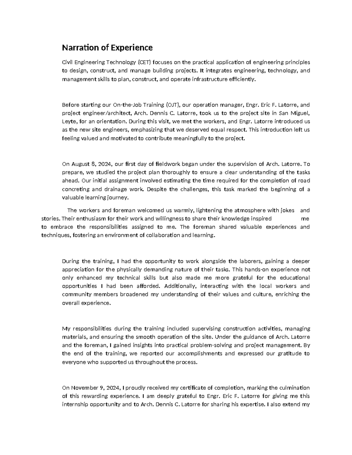 Kent - It's a narrative report - Narration of Experience Civil ...
