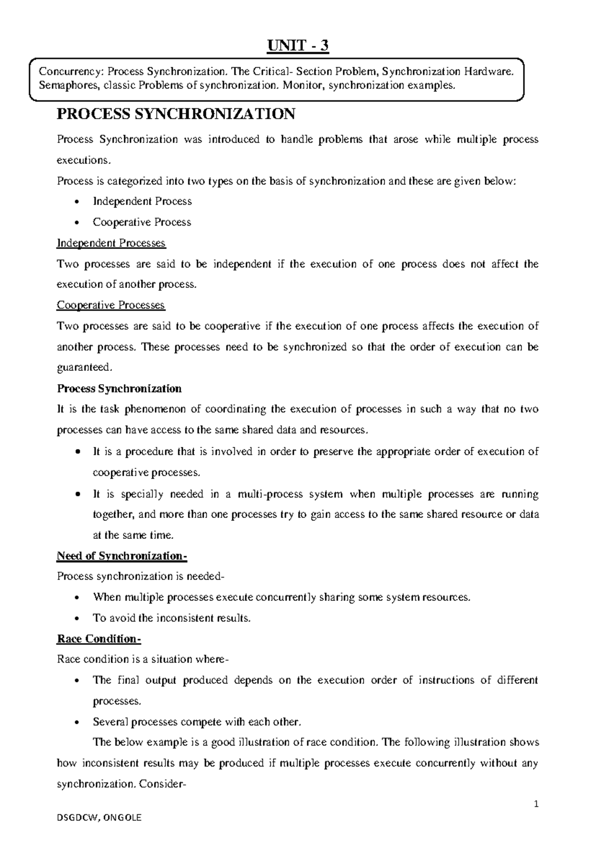 OS UNIT 3: Concurrency and Process Synchronization Concepts - Studocu
