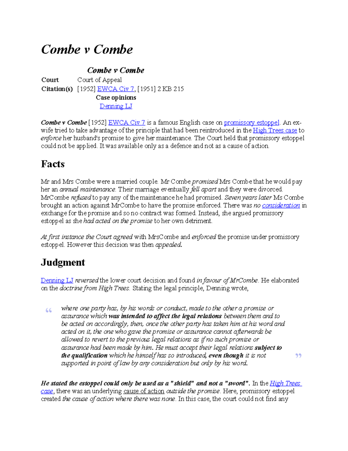 Combe v Combe Case Study: Promissory Estoppel Analysis (EWCA Civ 7 ...