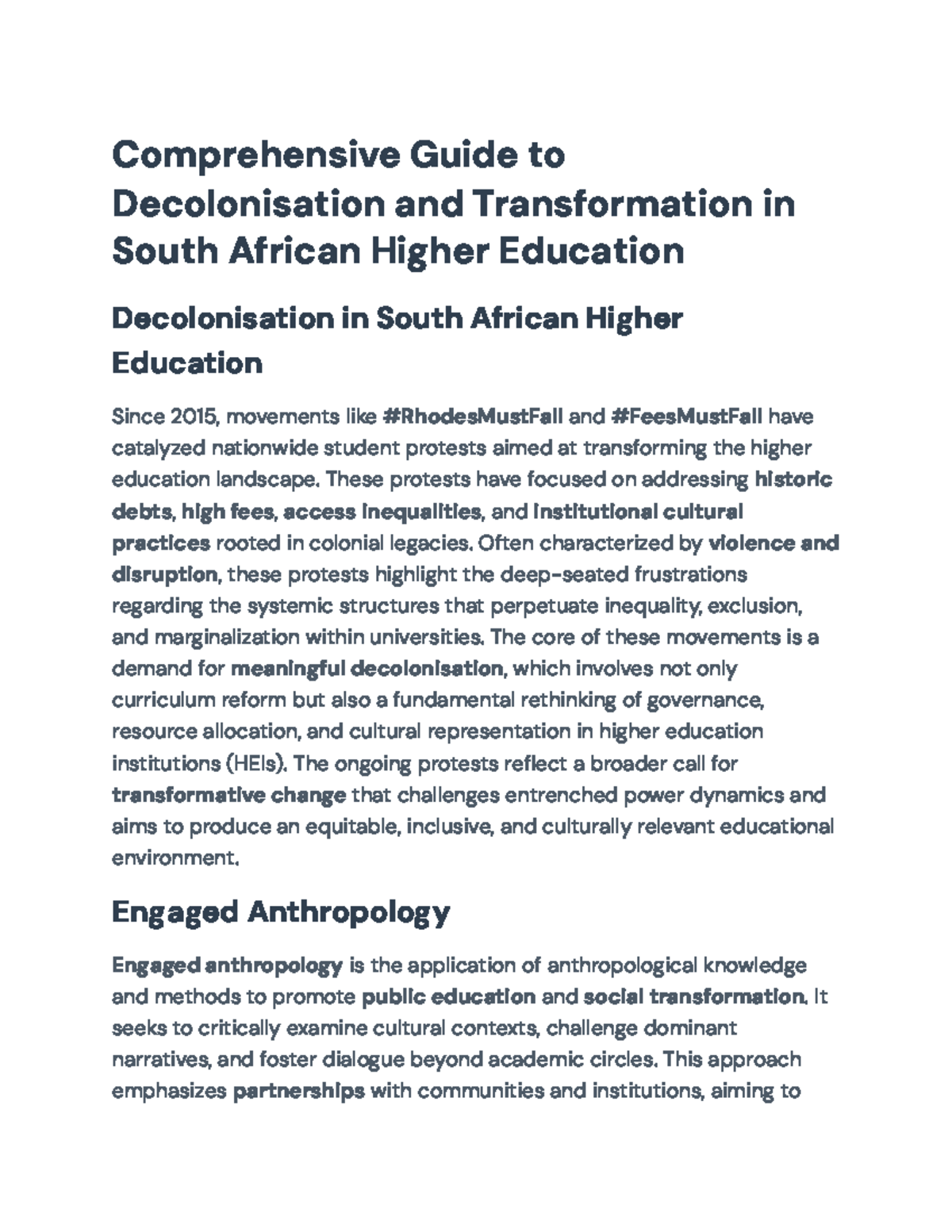 Comprehensive Guide to Decolonisation & Transformation in South African HE - Studocu