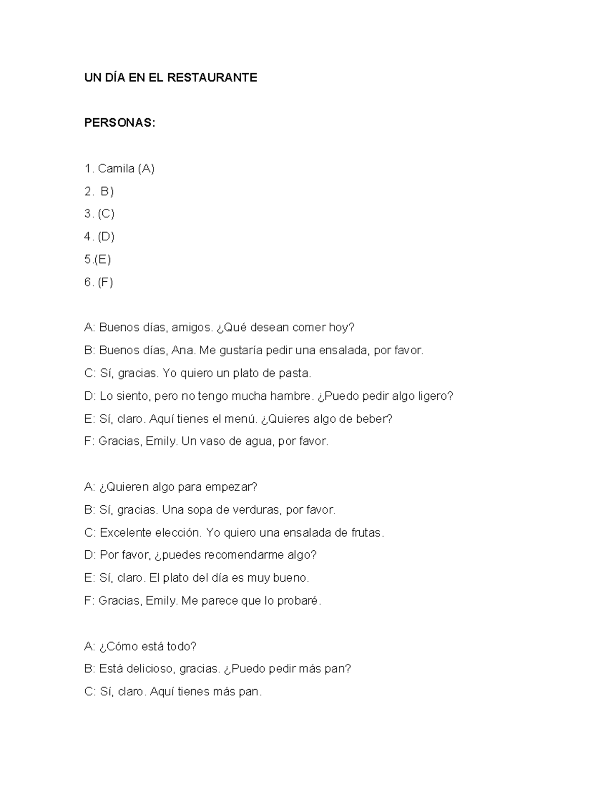 UN DÍA EN EL RESTAURANTE: Conversación y Pedidos de Comida - Studocu