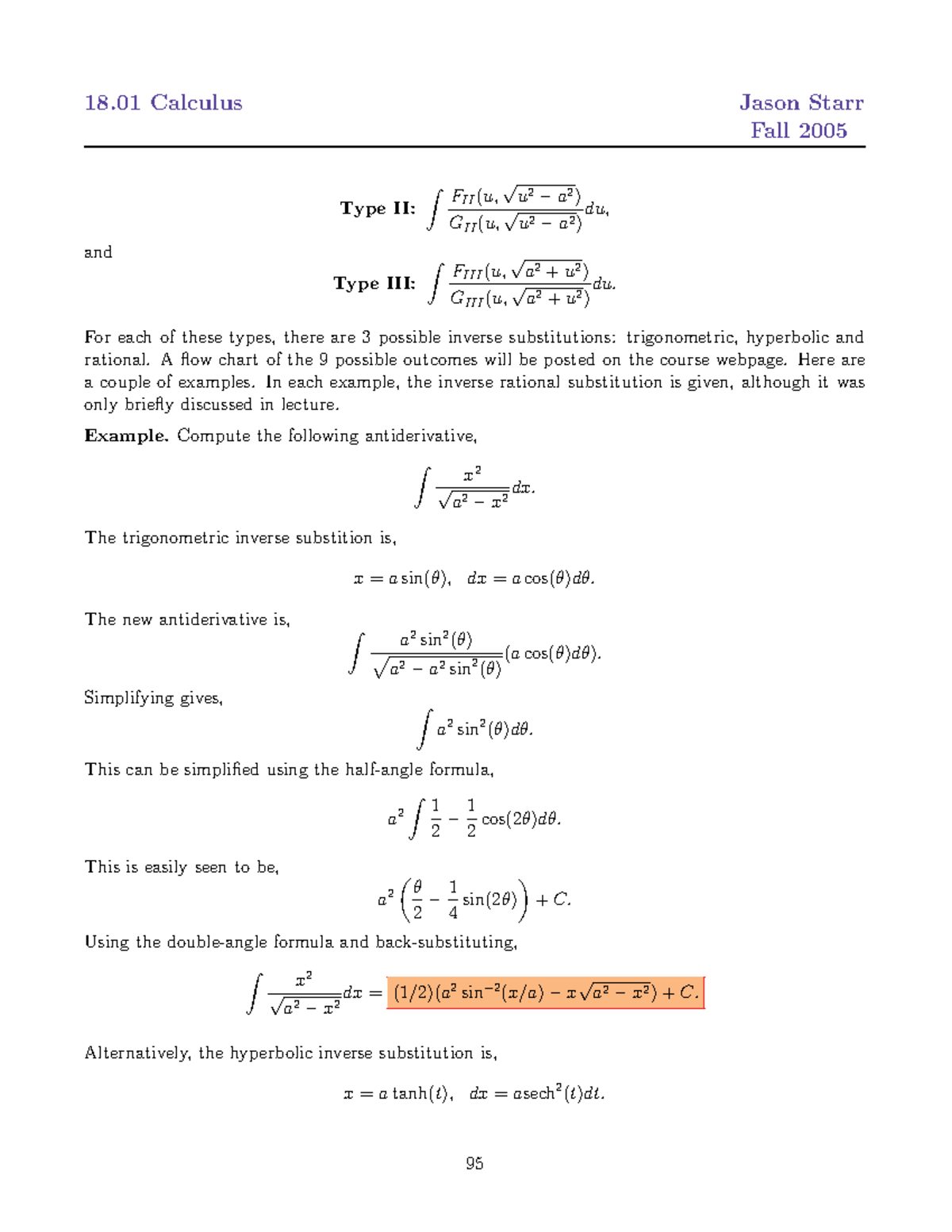 18.01 Calculus Final Exam Notes: Inverse Substitutions and Examples ...