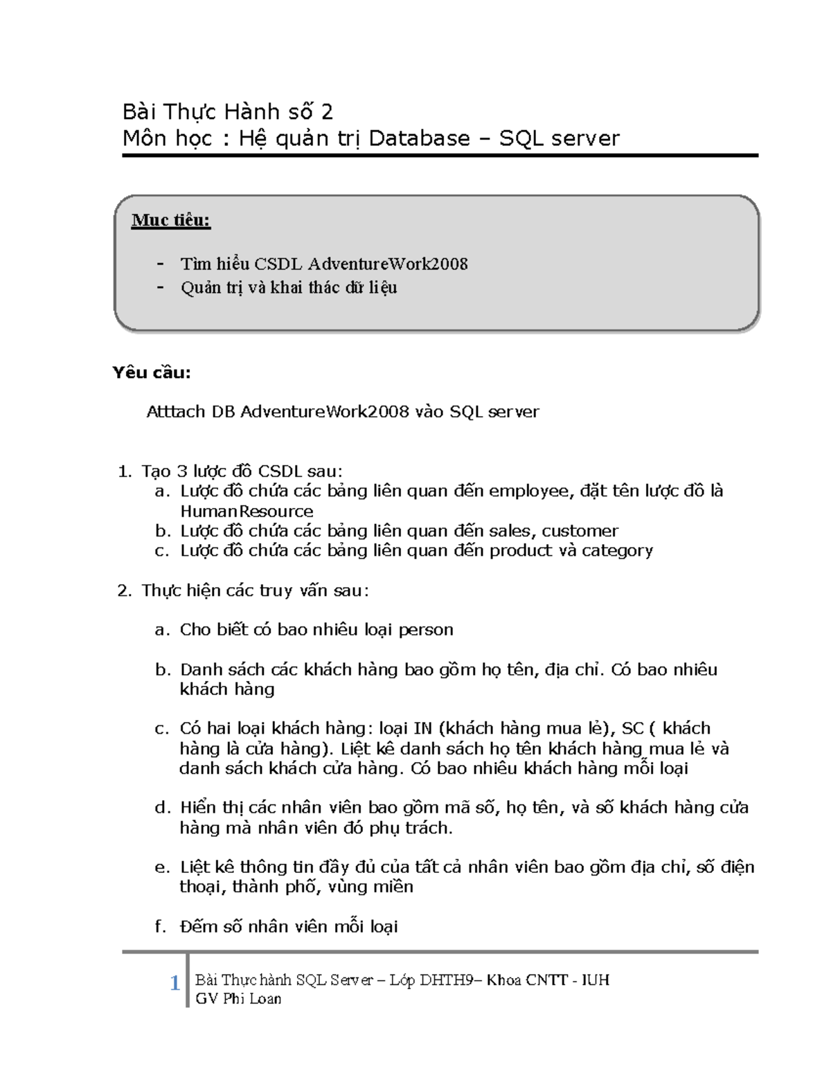 Bài Thực Hành 2: Quản Trị CSDL AdventureWork2008 - SQL Server - Studocu
