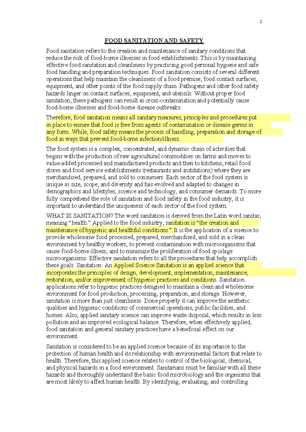 FOOD 101: Understanding Food Sanitation and Safety Principles - Studocu