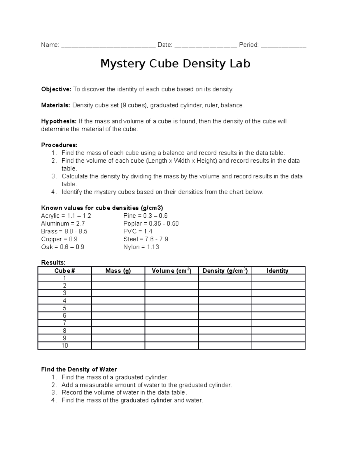 Density Cube Lab Report & Answers (Science 101) - Studocu