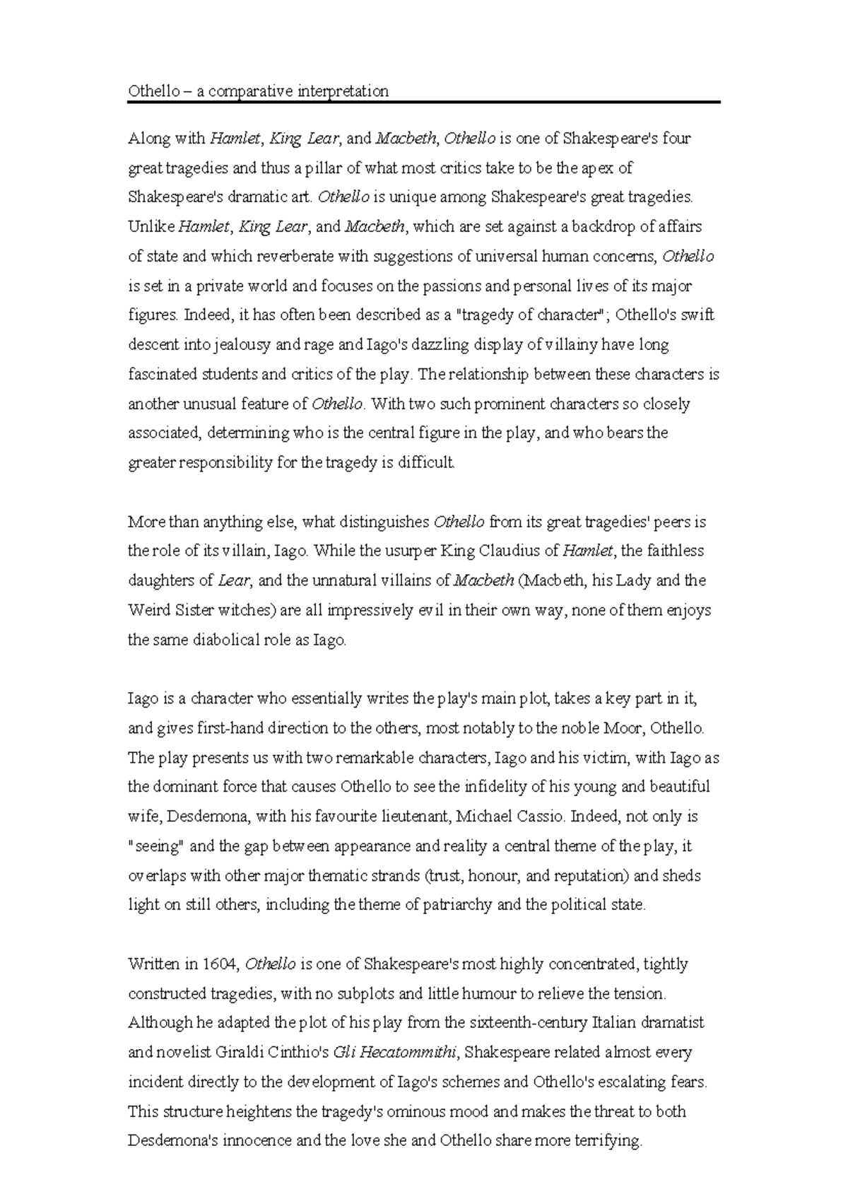 Othello: A Comparative Analysis with Hamlet, Lear, and Macbeth - Studocu