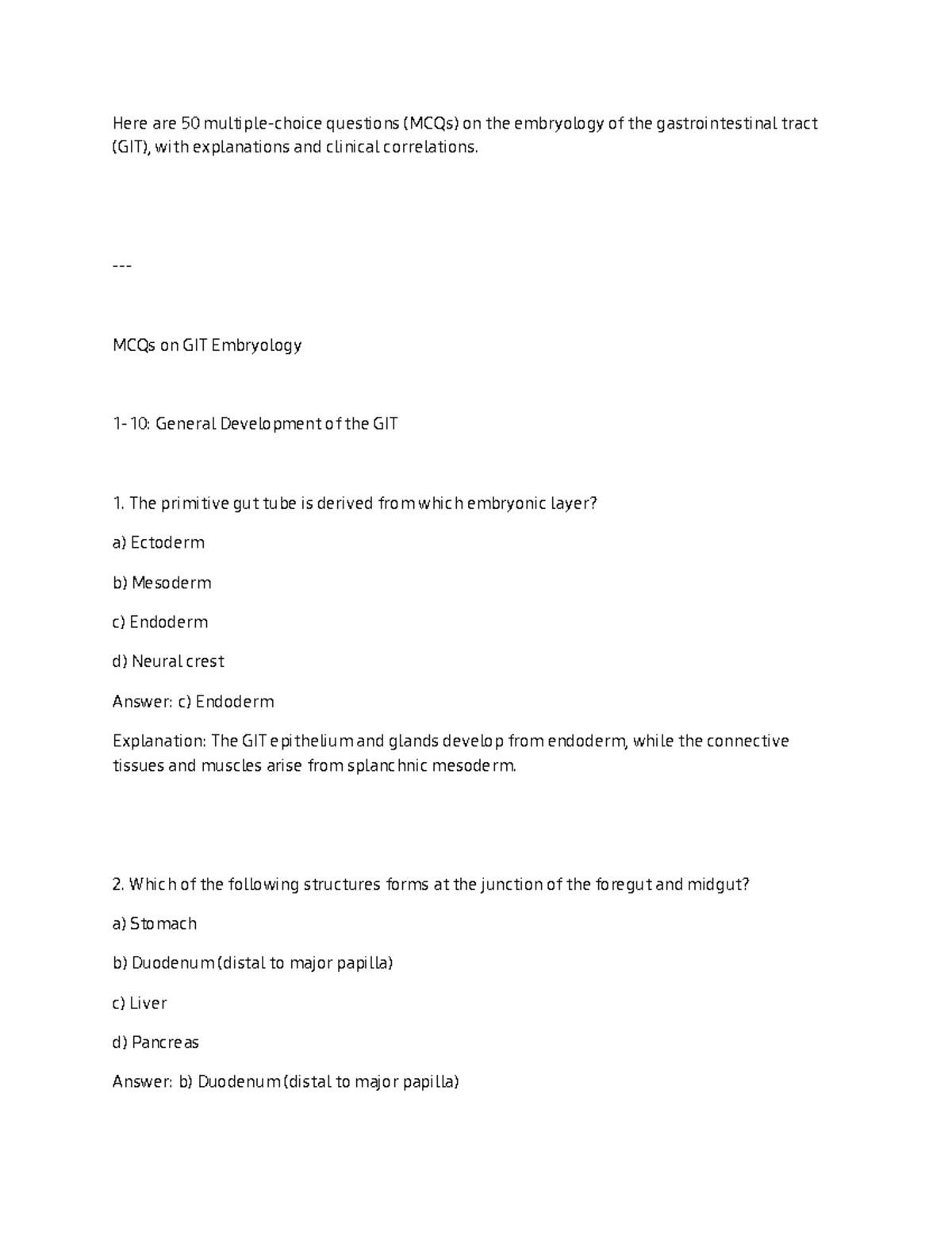 MCQs on GIT Embryology - Course Code: EMB350 - Studocu