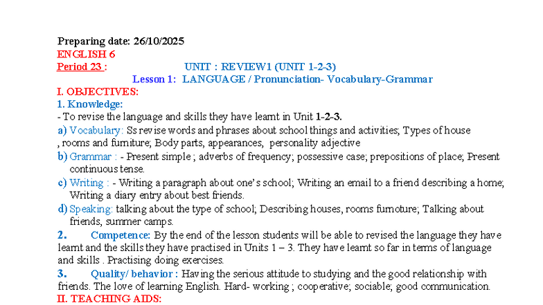 ENGLISH 6 Period 23: UNIT 1 REVIEW - Lesson Plan for Weeks 9-10 - Studocu