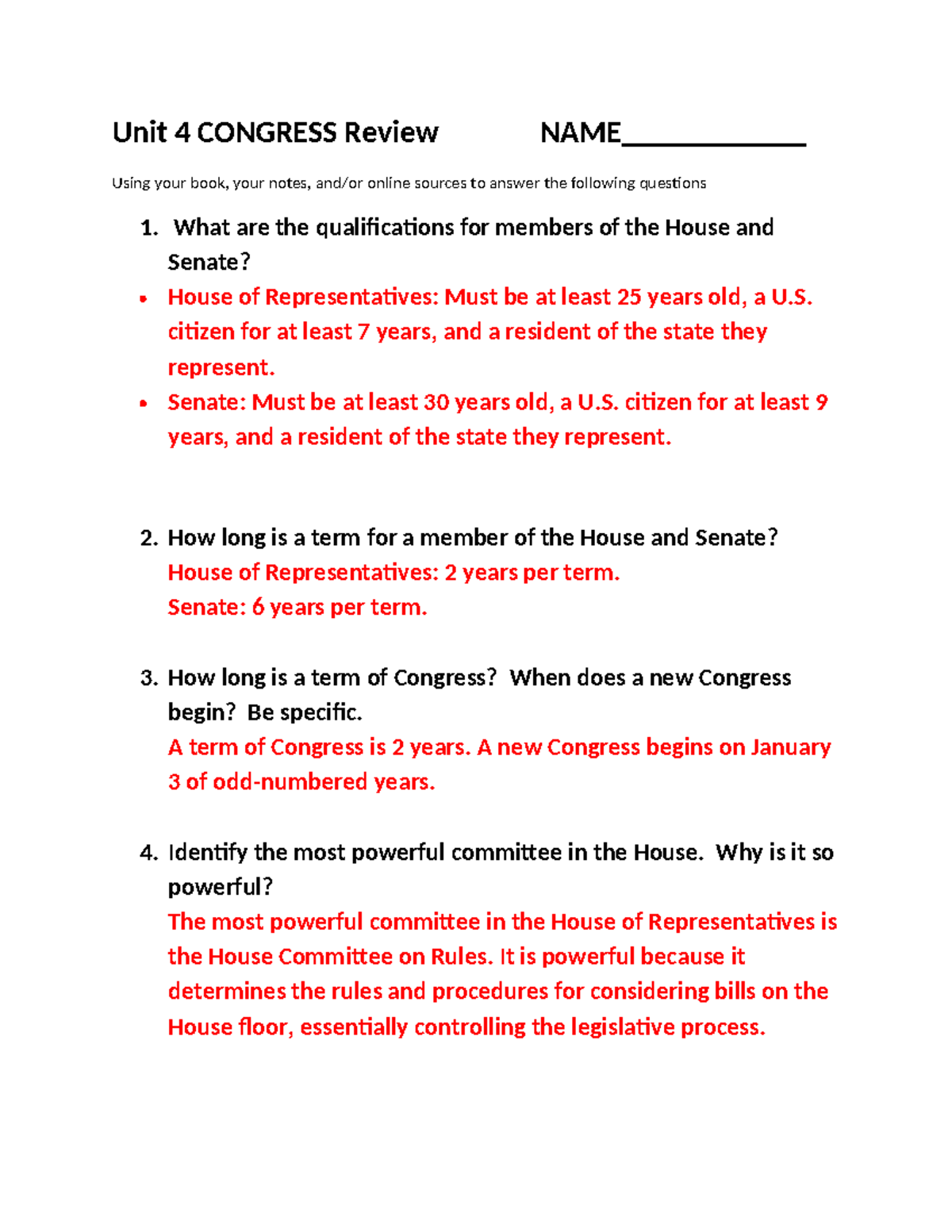 Unit 4: Congress and the Legislative Process Review - Studocu