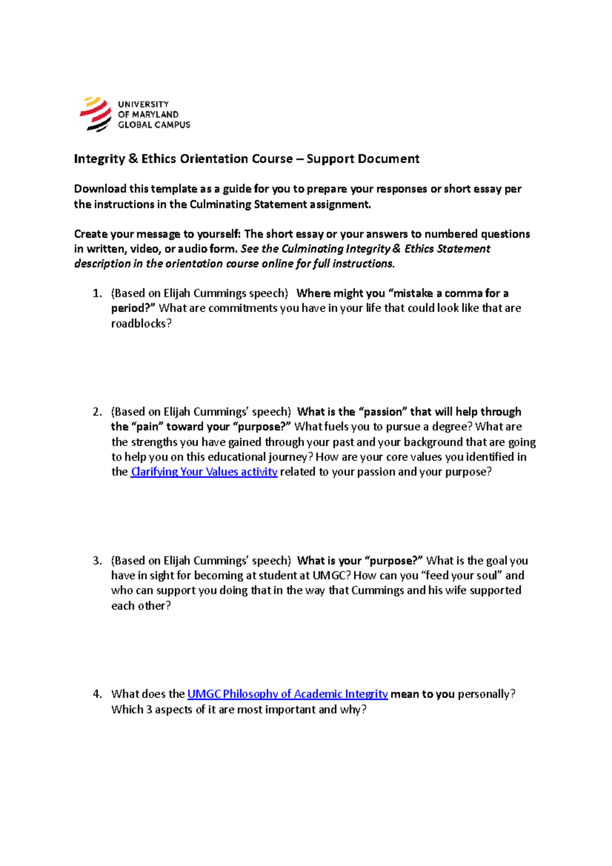 Culminating Integrity & Ethics Statement Template - Orientation Course ...