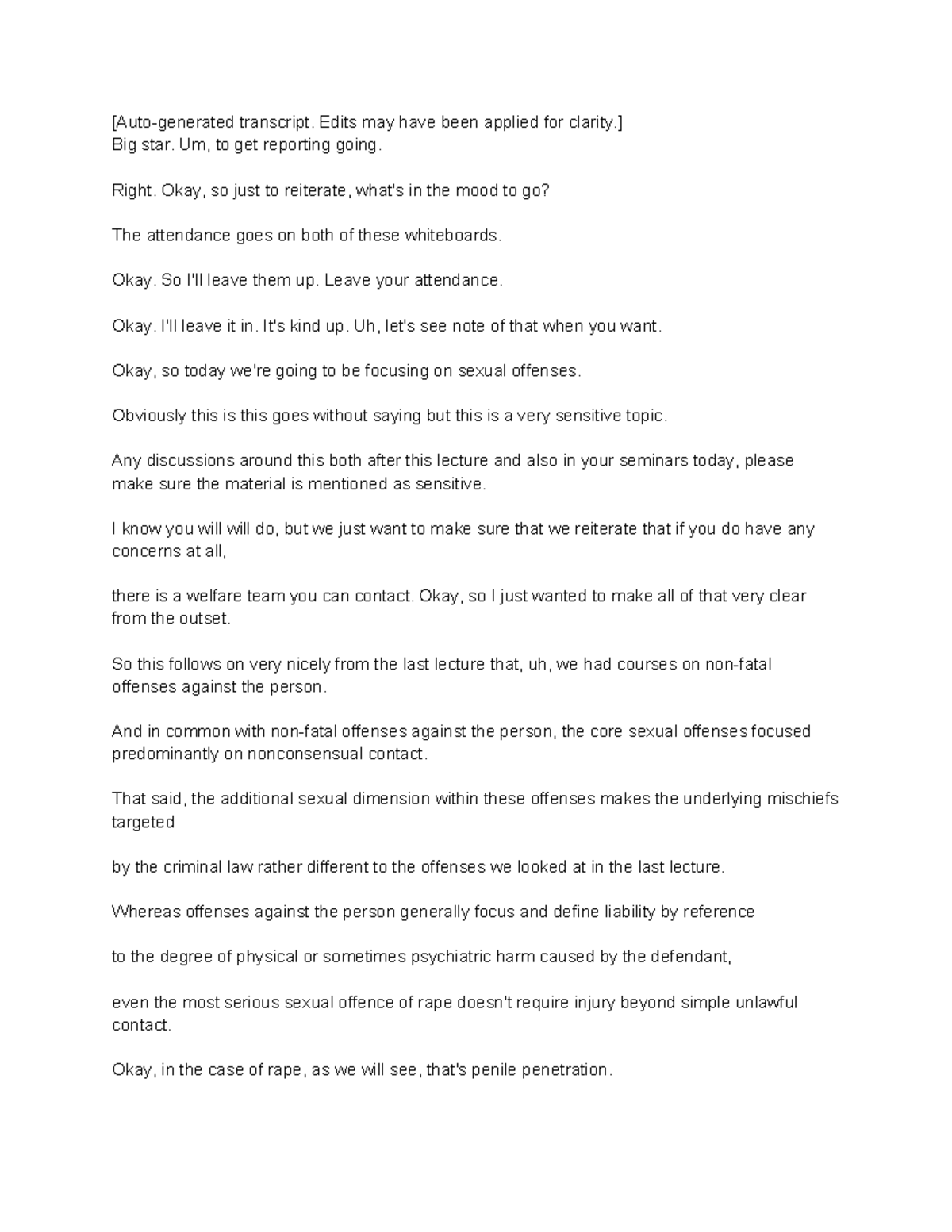 Sexual Offences Lecture Notes - Law 101 - Studocu