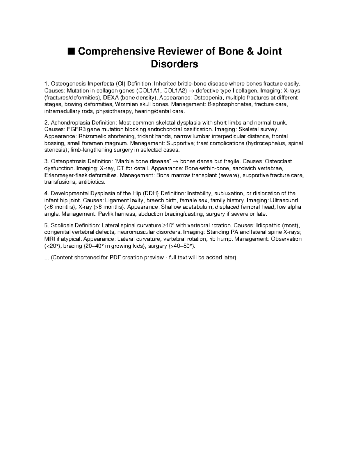 Bone and Joint Disorders Reviewer: Key Conditions and Management - Studocu