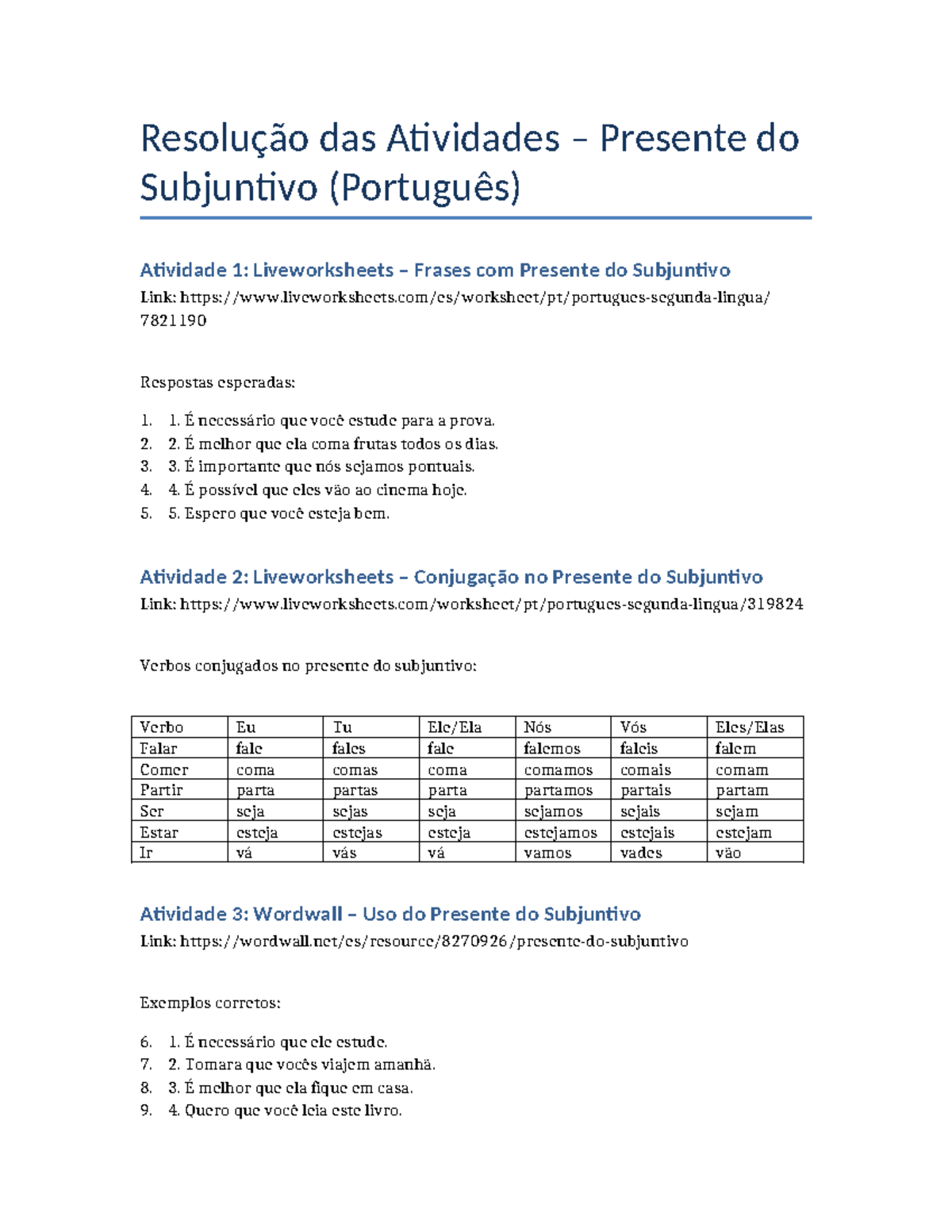 Resolução das Atividades do Presente do Subjuntivo (Português) - Studocu