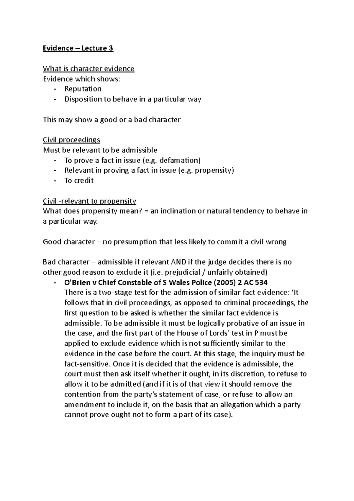 W3 Lecture - Evidence – Lecture 3 What is character evidence Evidence ...