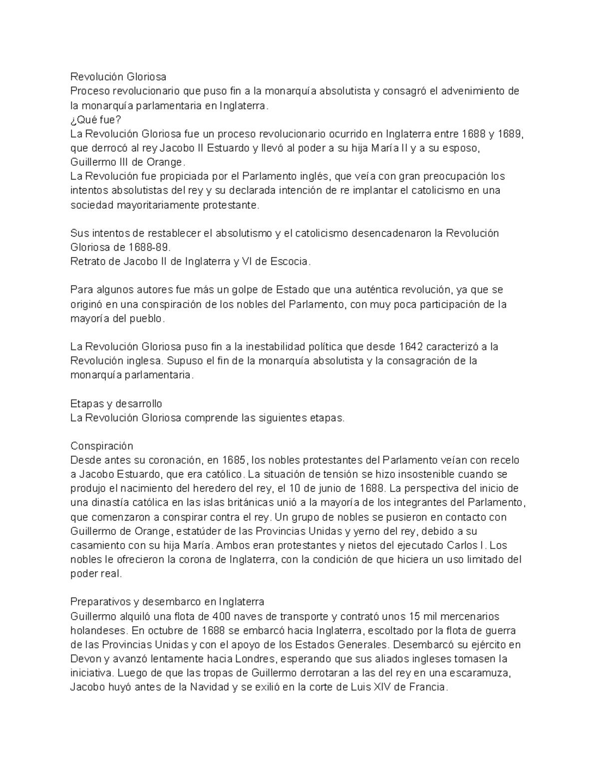Revolución Gloriosa: Proceso y Consecuencias en Inglaterra - Studeersnel