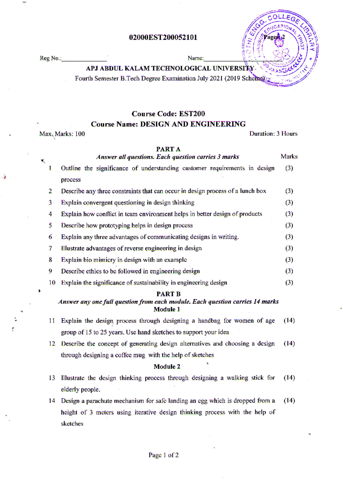 EST200 Design AND Engineering, JULY 2021 - j"+.R 'ffott-e; o2oooEsT2ooos2lot /,ilm *, *DUL - Studocu