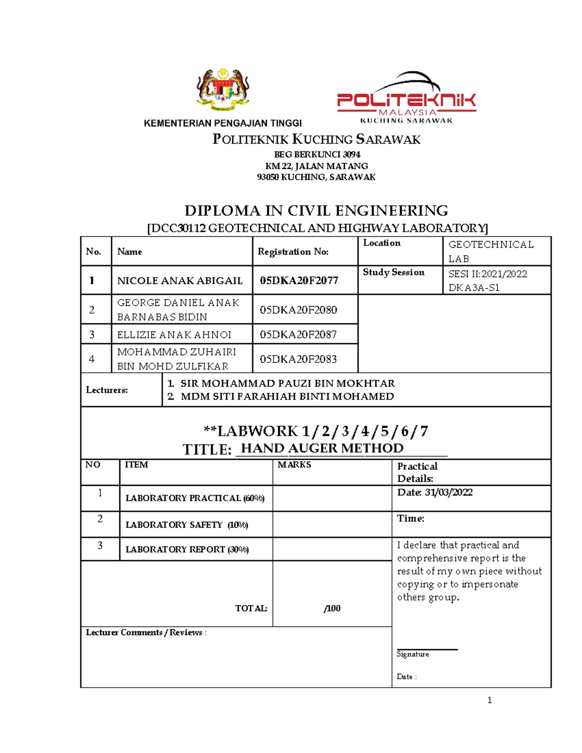 DCC30112 Geotechnical Lab: Hand Auger Method Report - Studocu