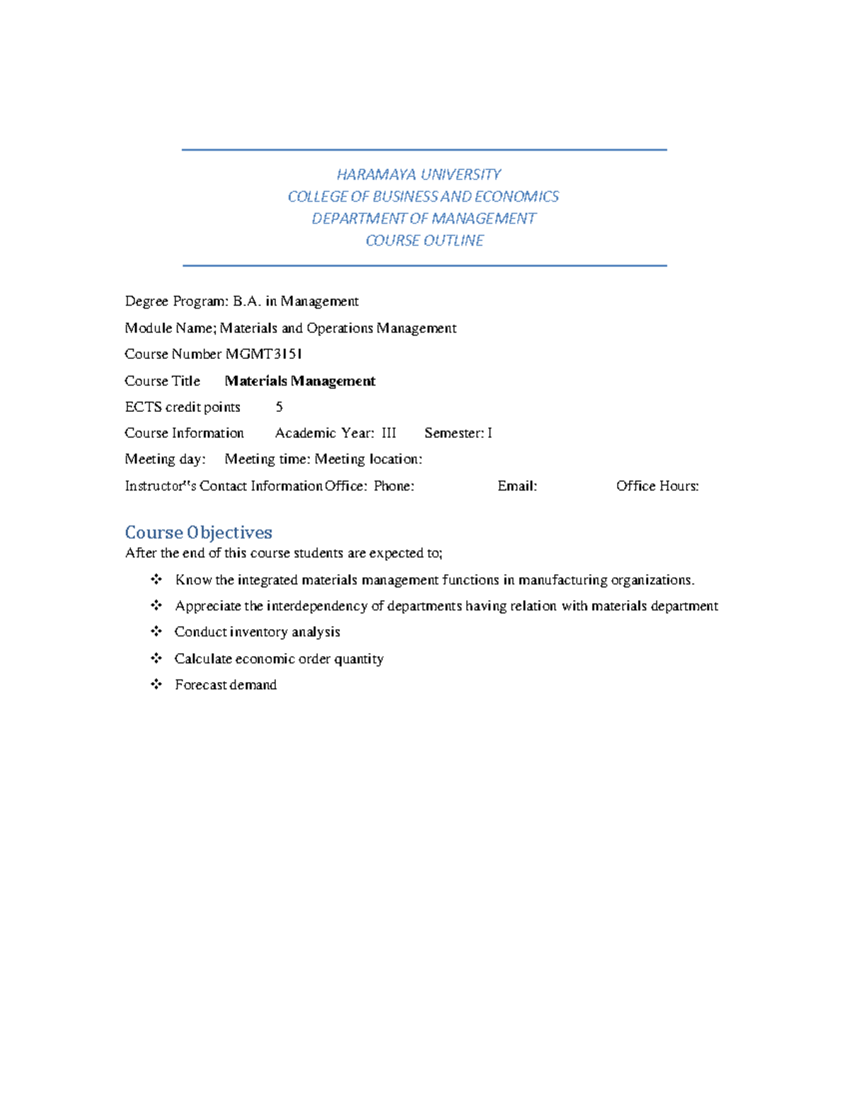 MGMT Materials Management Course Outline and Objectives - Studocu