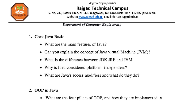 OOP Oral Questions Part 2 - Core Java Concepts and Features - Studocu
