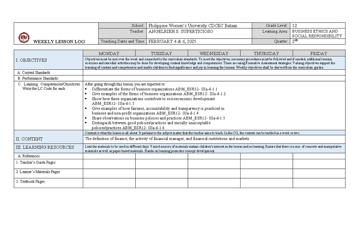 12 ABM Weekly Lesson LOG Business Ethics AND Social Responsibility WEEK 1 - WEEKLY LESSON LOG ...