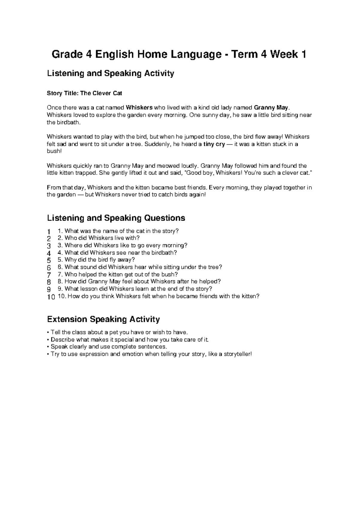Grade 4 English Term 4 Listening & Speaking: The Clever Cat Story - Studocu