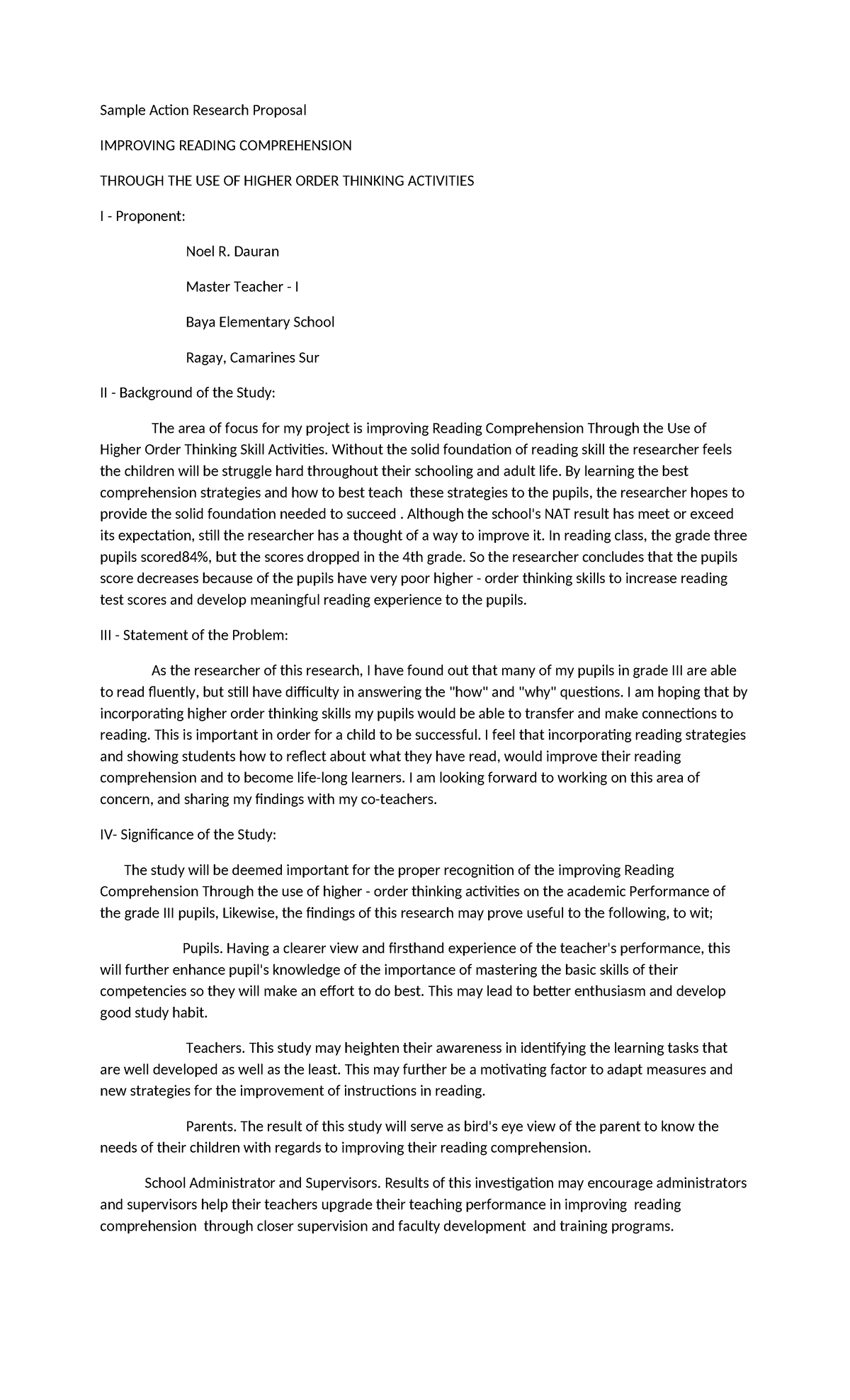 Action Research Proposal: Enhancing Reading Comprehension in Grade III ...