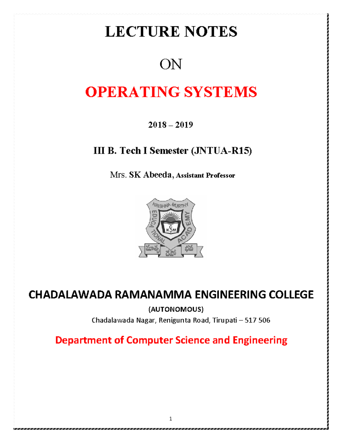 Operating Systems Lecture Notes - LECTURE NOTES ON OPERATING SYSTEMS ...